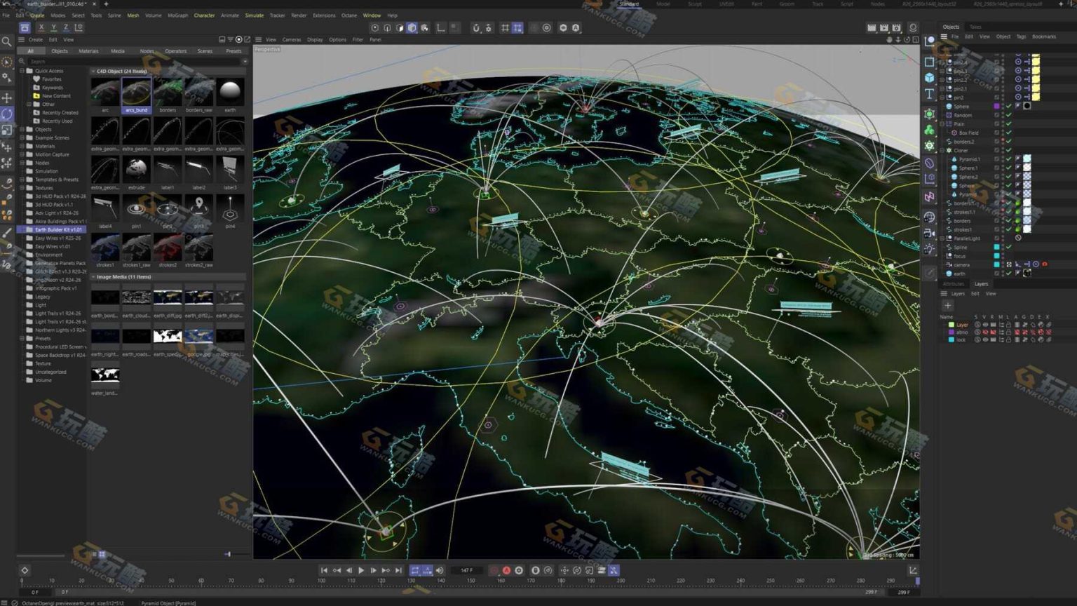 C4D科技地球连线插件预设 – 玩酷CG